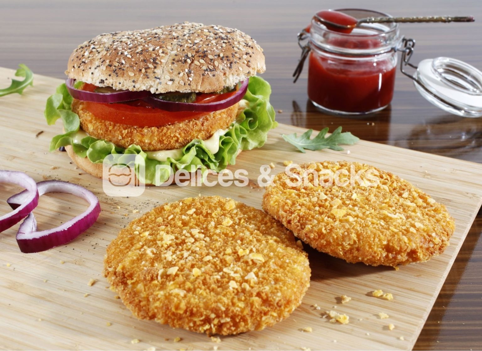 Cooked breaded corn flakes chicken burger - Volatys
